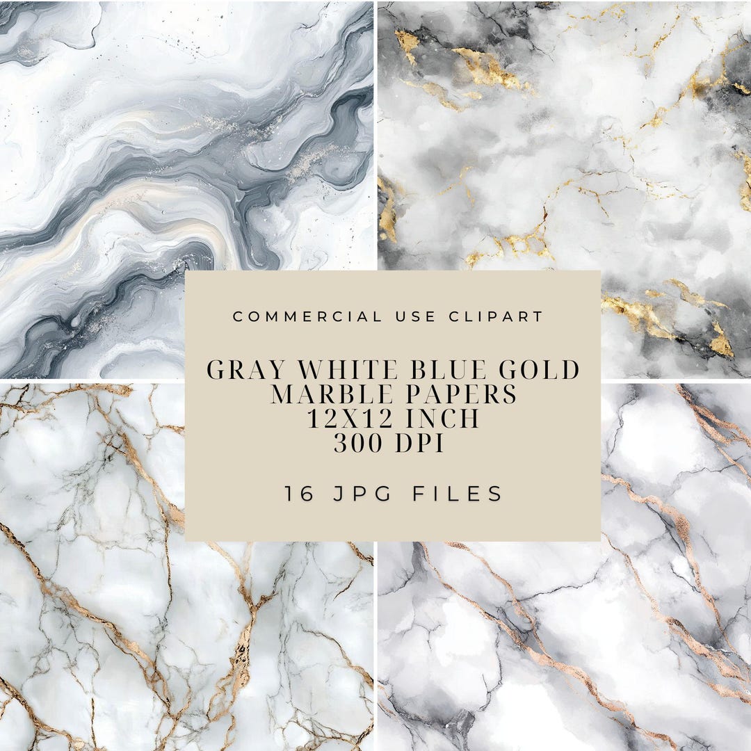 Marble Digital Papers, Clip Art, White, Gray, Blue, Gold, Silver, Rose ...