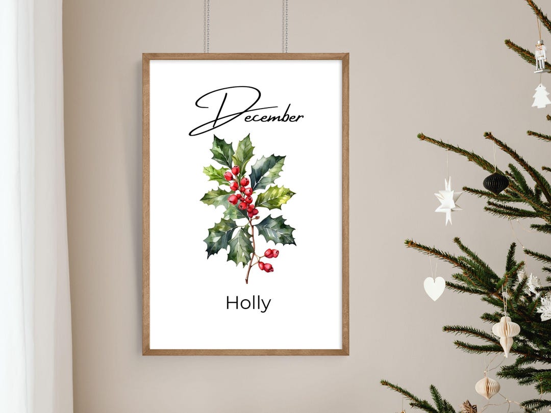 December Birth Month Flowers Holly Floral Botanical Wall Art, Digital ...