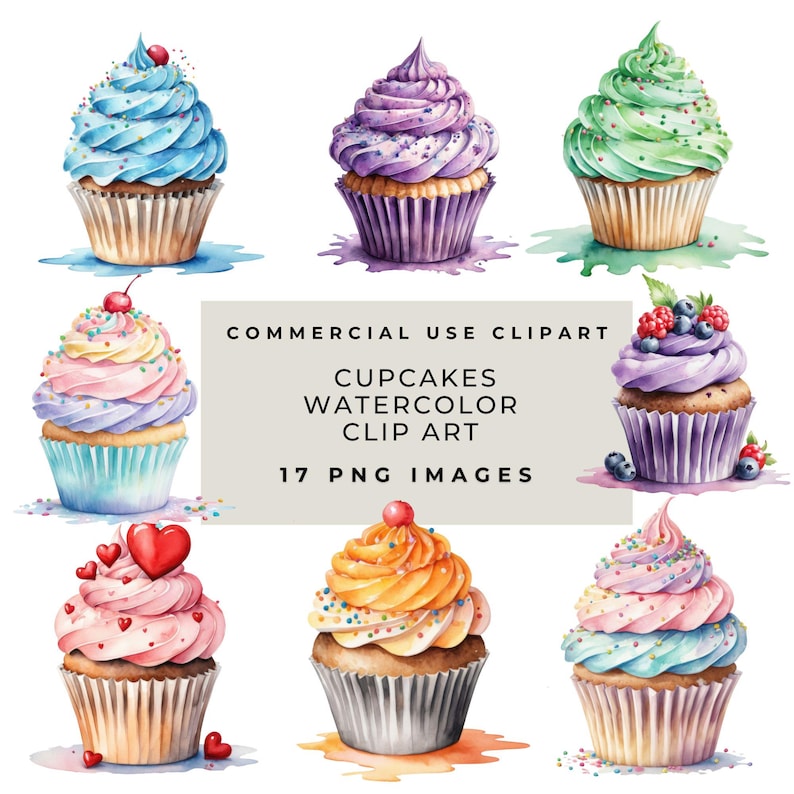 Watercolor Cupcake Clip Art: Pastel Dessert PNG (commercial Use) - Etsy