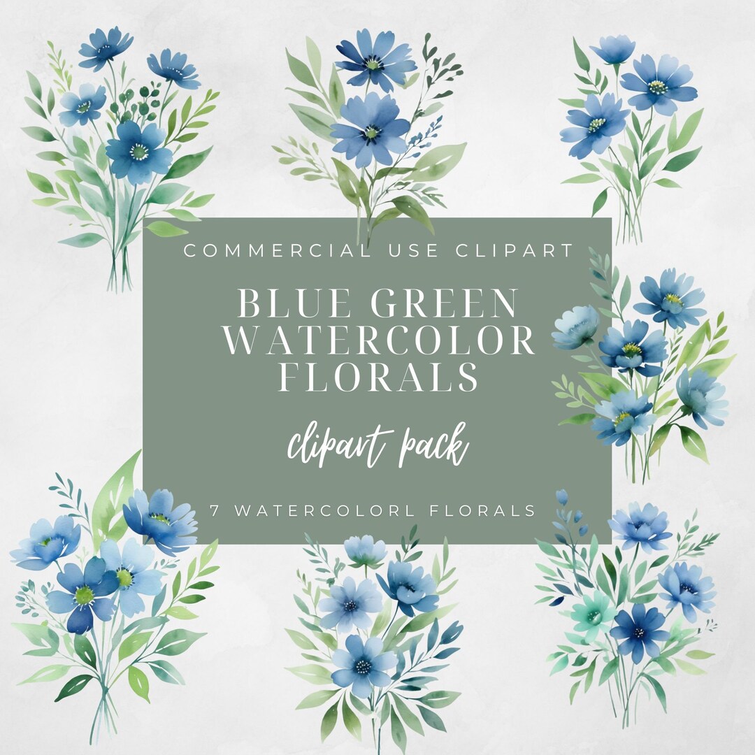 Blue Green Watercolor Wildflower Clipart: Floral PNG Bundle (commercial ...