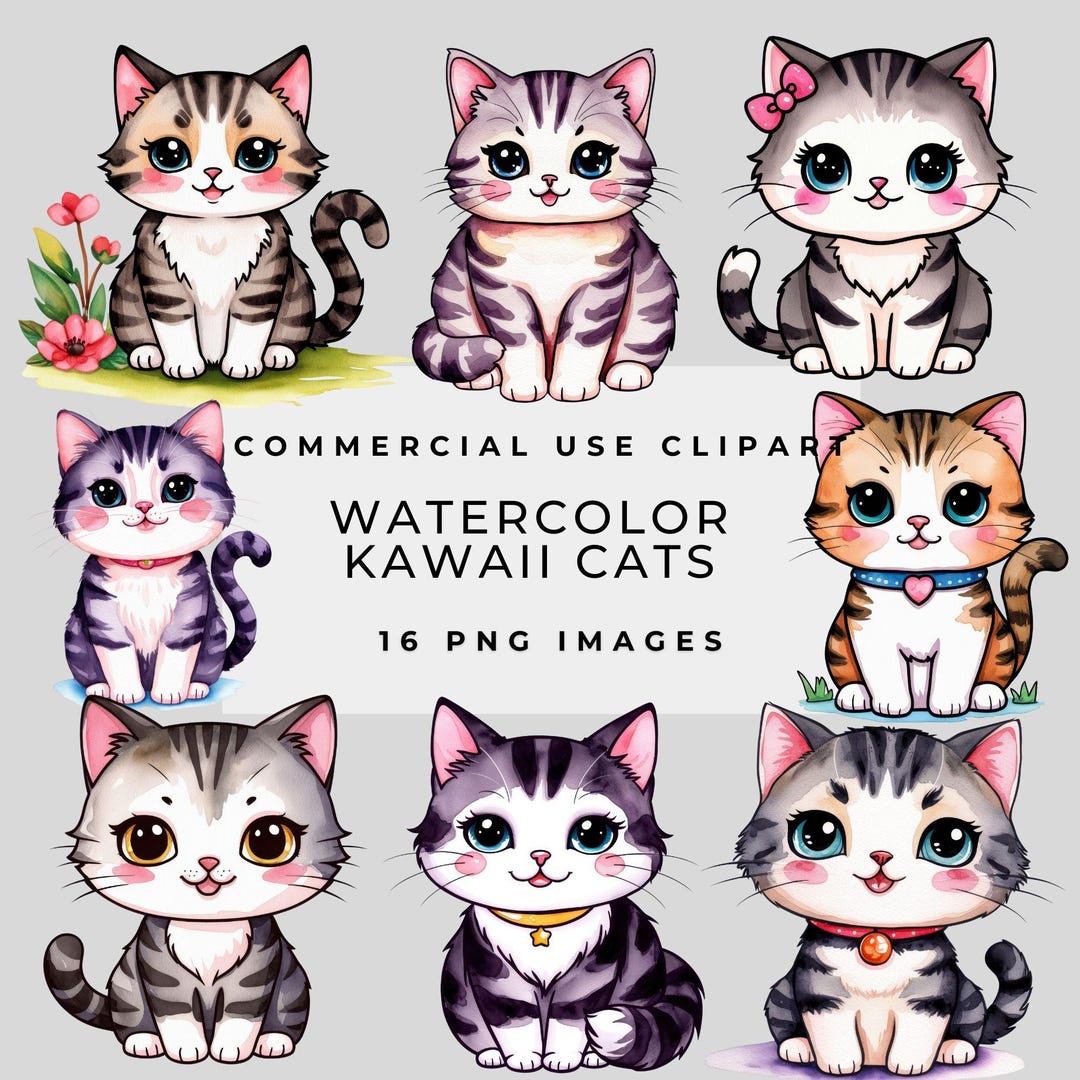 Kawaii Cat Clip Art Bundle Pack, 16 Transparent PNG, Commercial Use ...