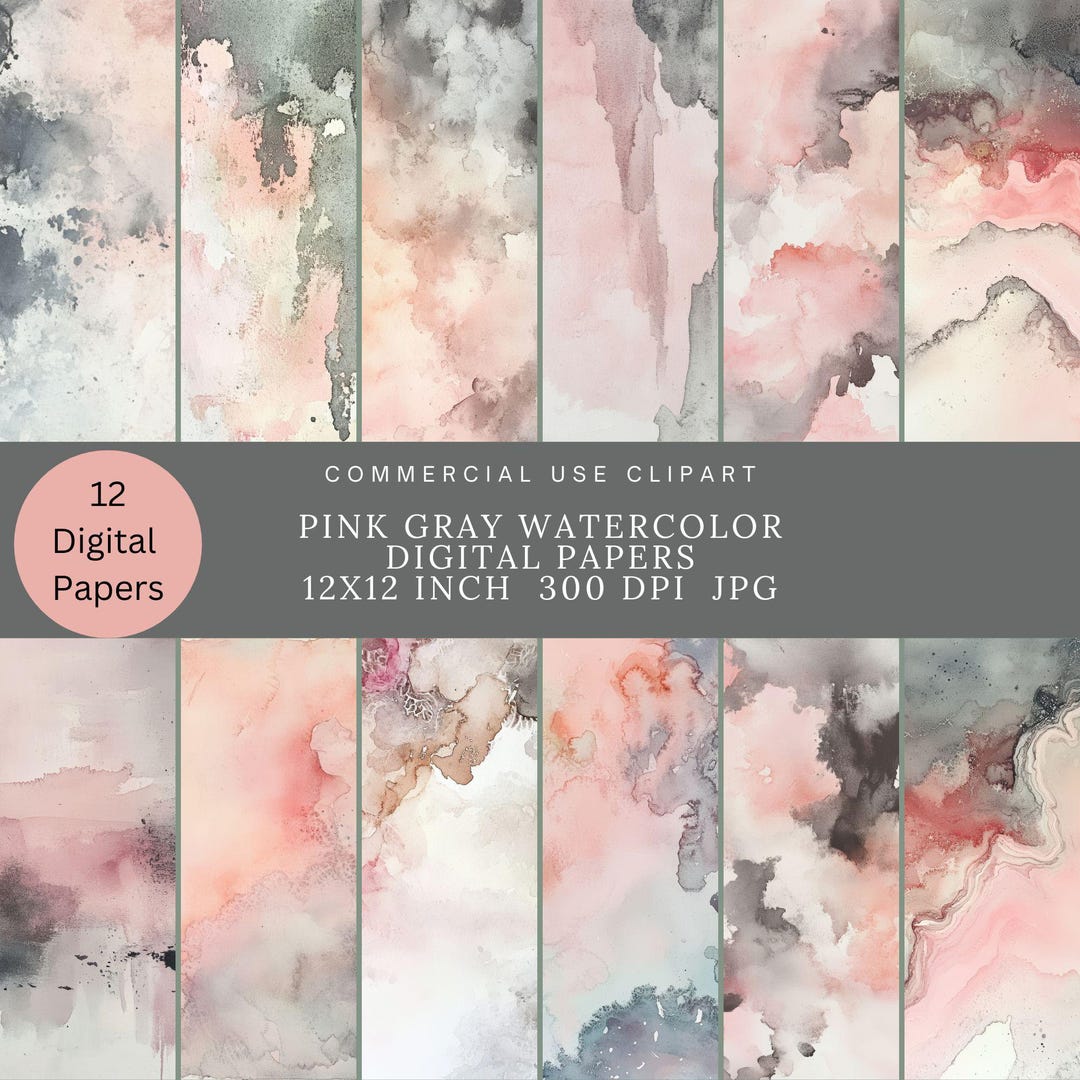 Pink Gray Watercolor Digital Printable Paper Pack, 12 JPG Graphics ...