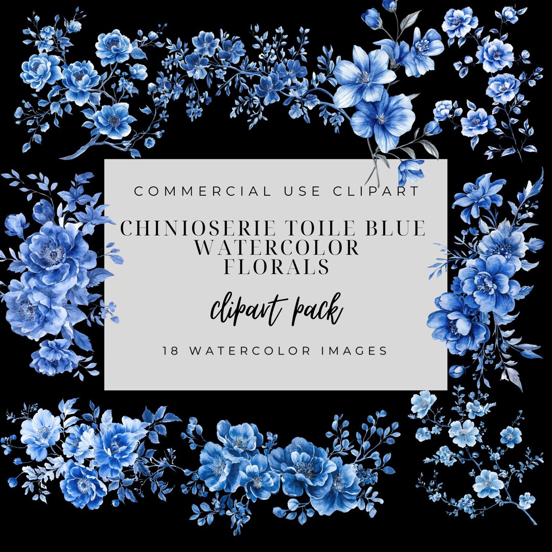 Blue Floral Chinoiserie Toile Clip Art Bundle Pack of 18 Transparent ...