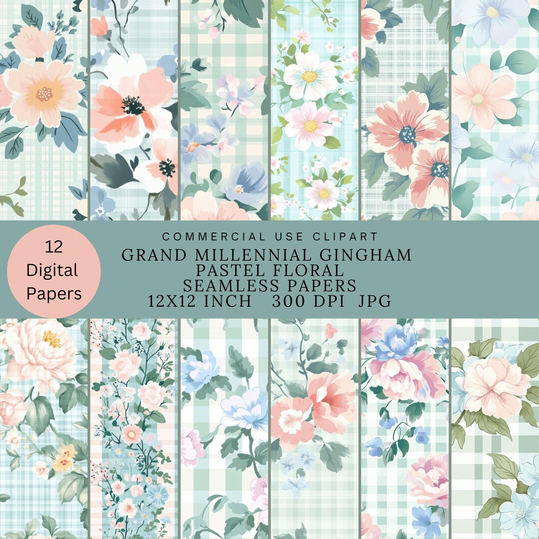 Grand Millennial Pastel Florals Gingham Stripes Seamless Digital Papers ...