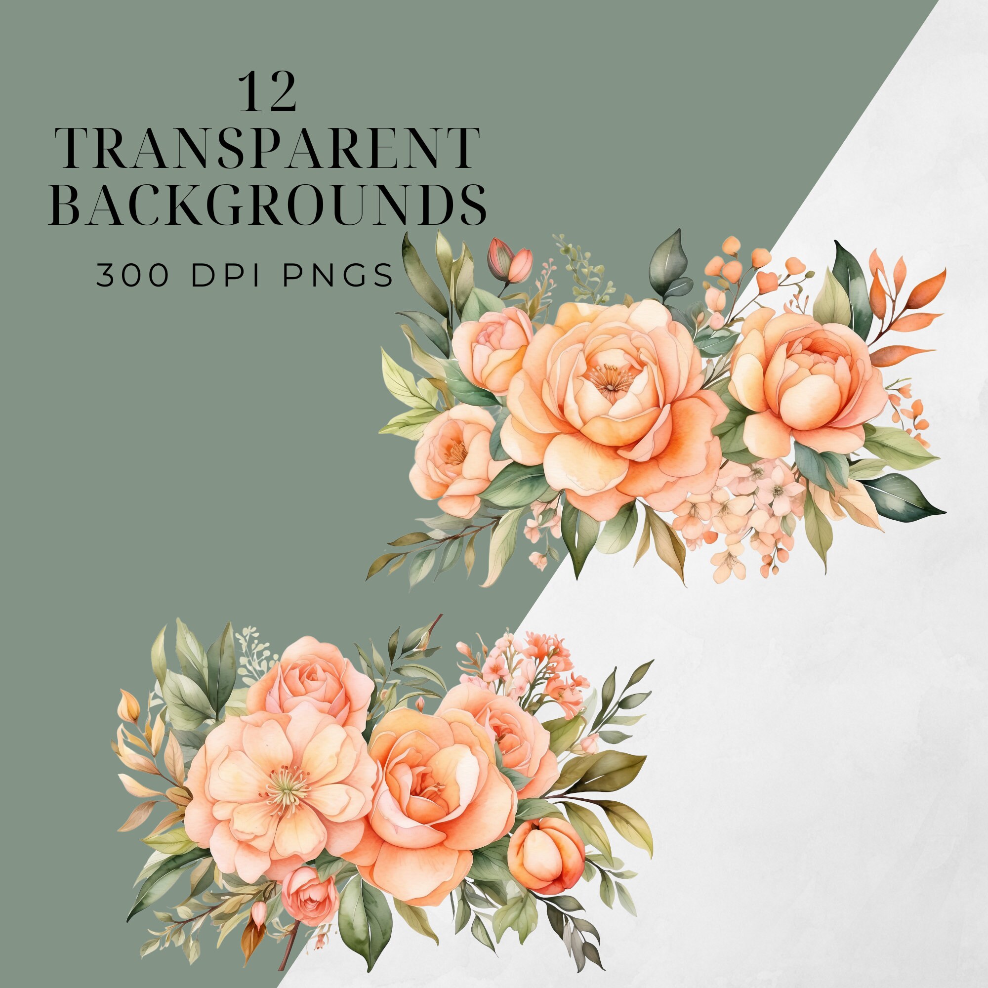 Peach Watercolor Floral Flowers Botanical Greenery Bouquets Wreaths ...