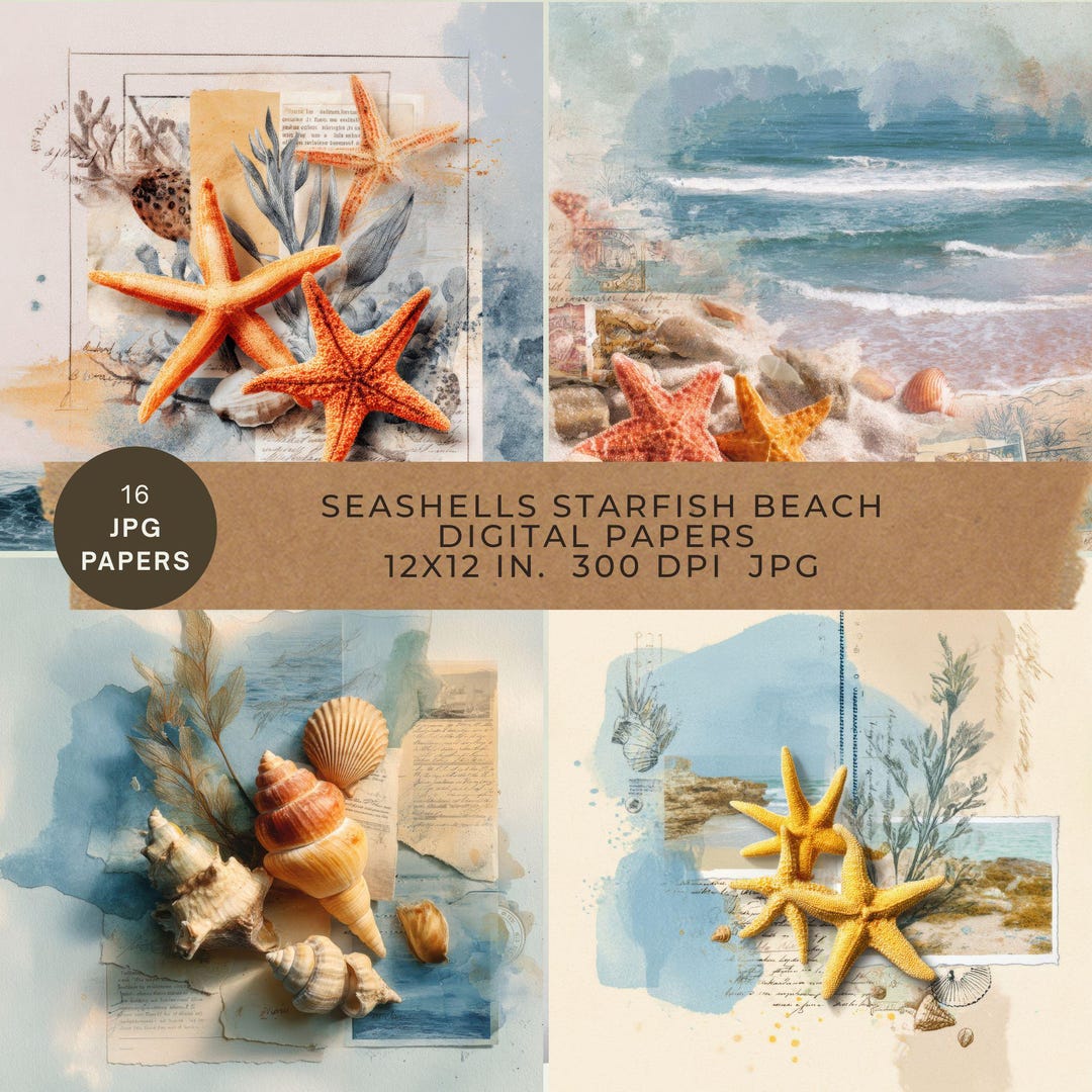 Watercolor Beach Digital Paper Pack: Seashells & Starfish (12x12 Inch ...
