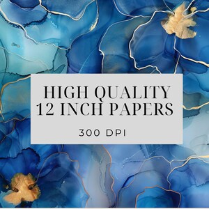 Blue Gold Glitter Alcohol Ink Watercolor Wash Digital Papers Background ...