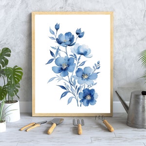 French Blue Watercolor Floral Print Set: Minimalist Botanical Wall Art ...