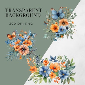 Blue Orange Yellow Watercolor Floral Flowers Botanicals Greenery Clip ...