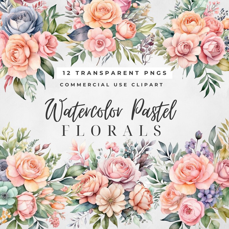 Pastel Floral Watercolor Clip Art Bundle Pack, Clipart for Commercial ...