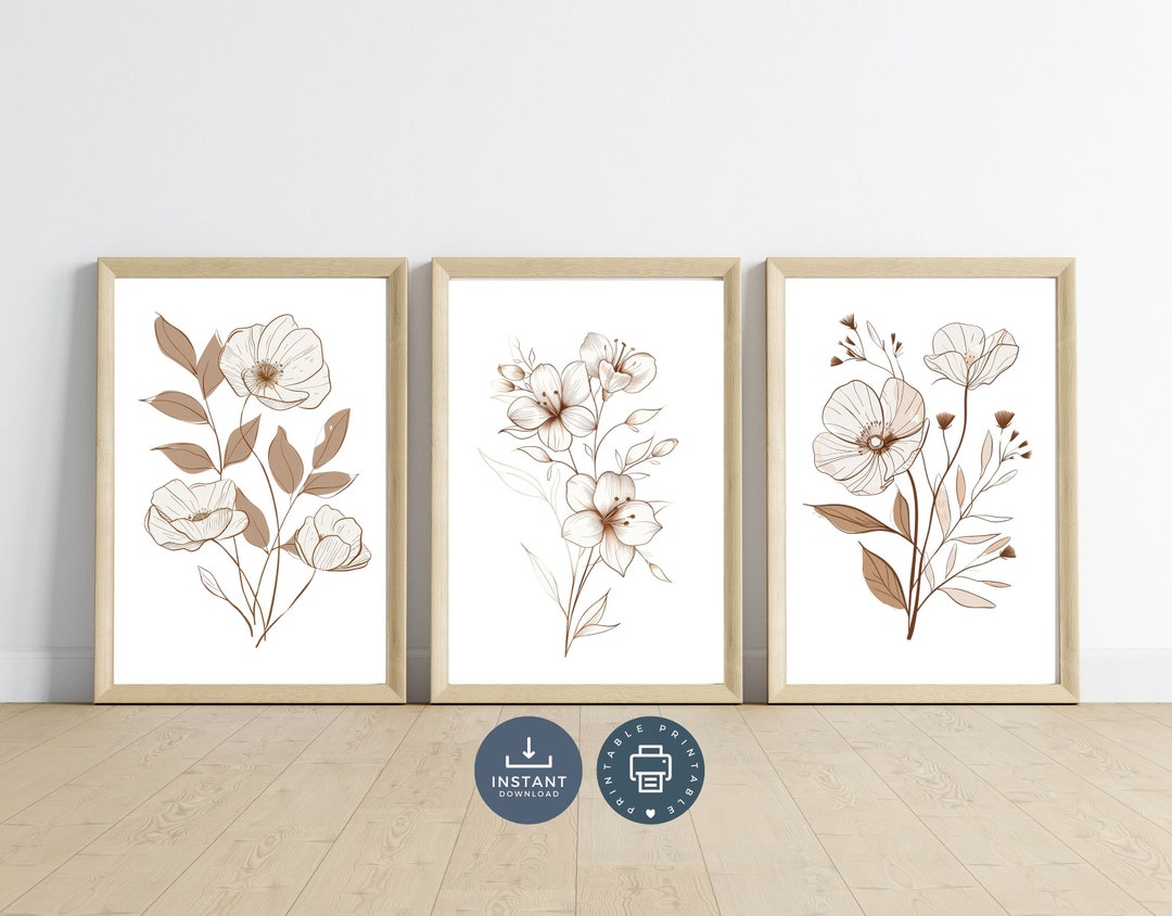 Sepia Brown White Line Drawn Florals Minimalist Wall Art, Digital ...