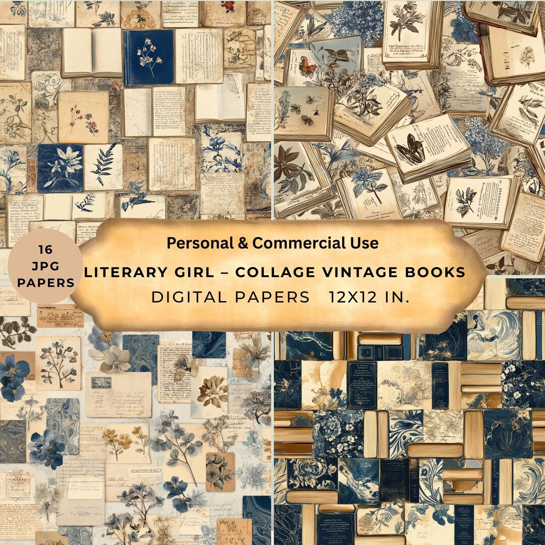 Literary Girl Digital Scrapbook Paper Pack: Vintage Book Collage ...