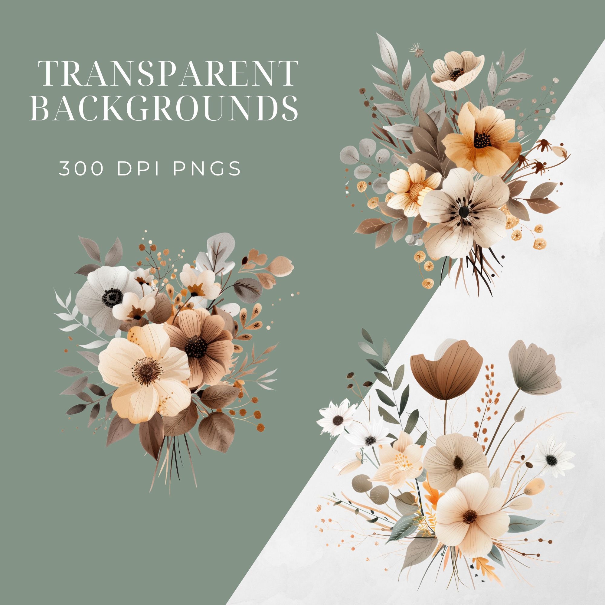 Brown Beige Terracotta Boho Floral Clip Art Bundle Pack, 17 Transparent ...