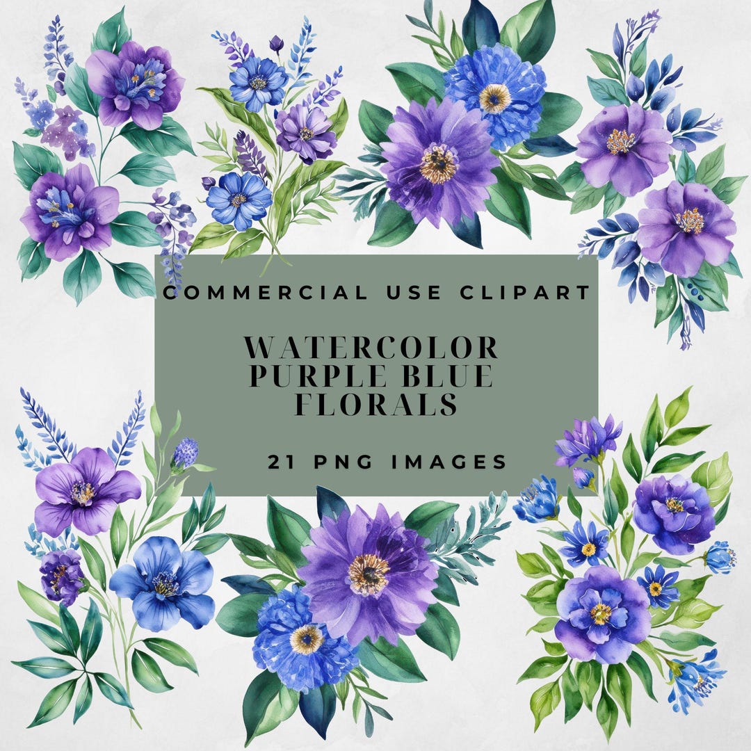 Purple Blue Floral Clipart: 21 PNG Images, Wedding Bouquet (digital ...