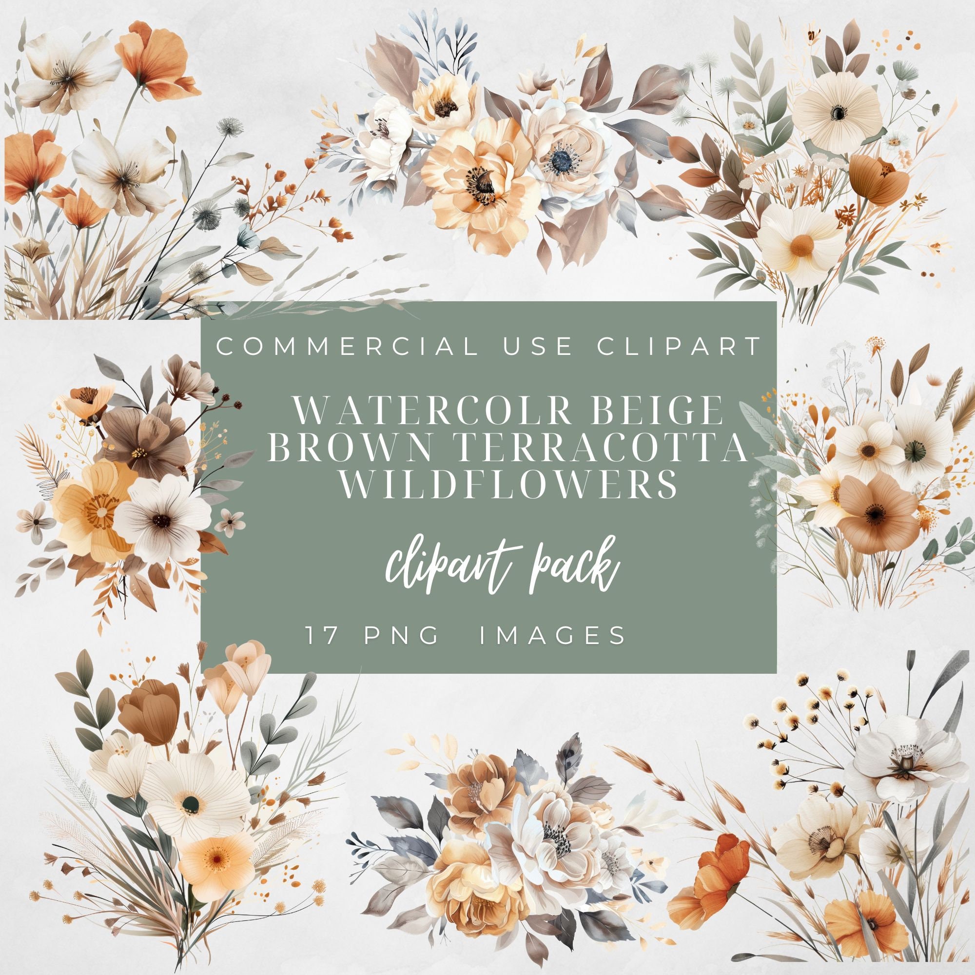 Brown Beige Terracotta Boho Floral Clip Art Bundle Pack, 17 Transparent ...