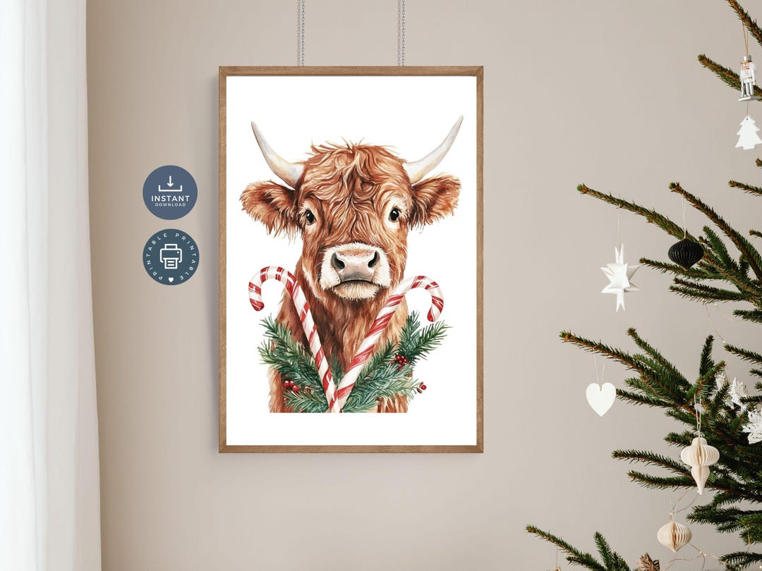 Christmas Highland Cow Wall Art, Candy Canes Pine Holiday Winter ...