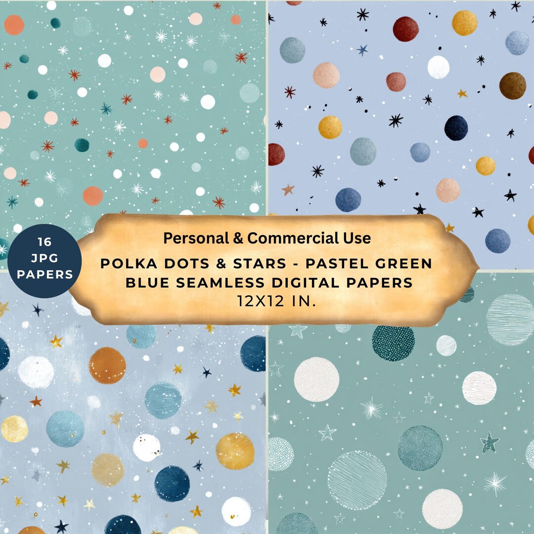 Polka Dots Stars Mint Green Pastel Blue Digital Printable Paper Pack ...