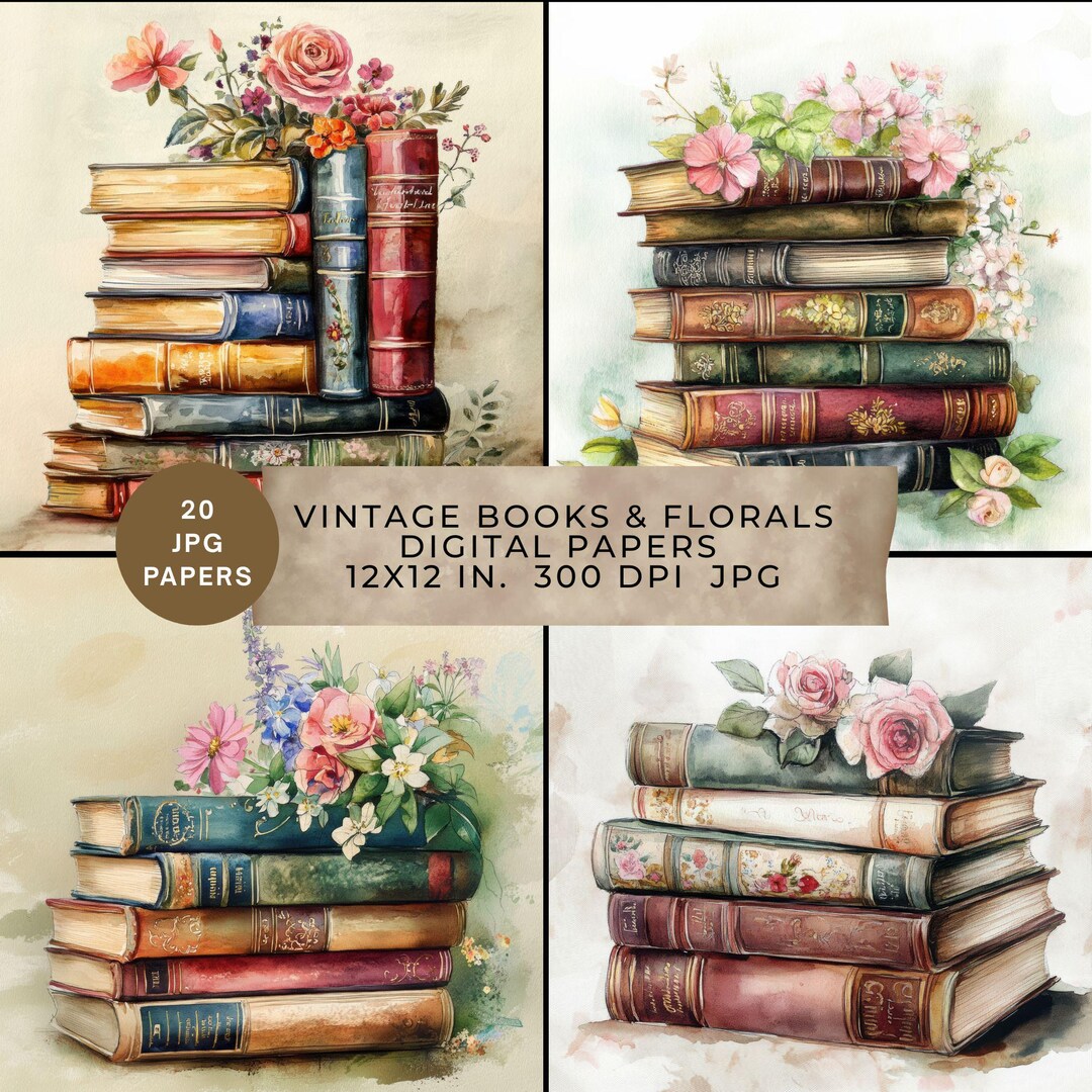 Vintage Books & Florals Digital Paper Pack: Junk Journal, Scrapbook ...