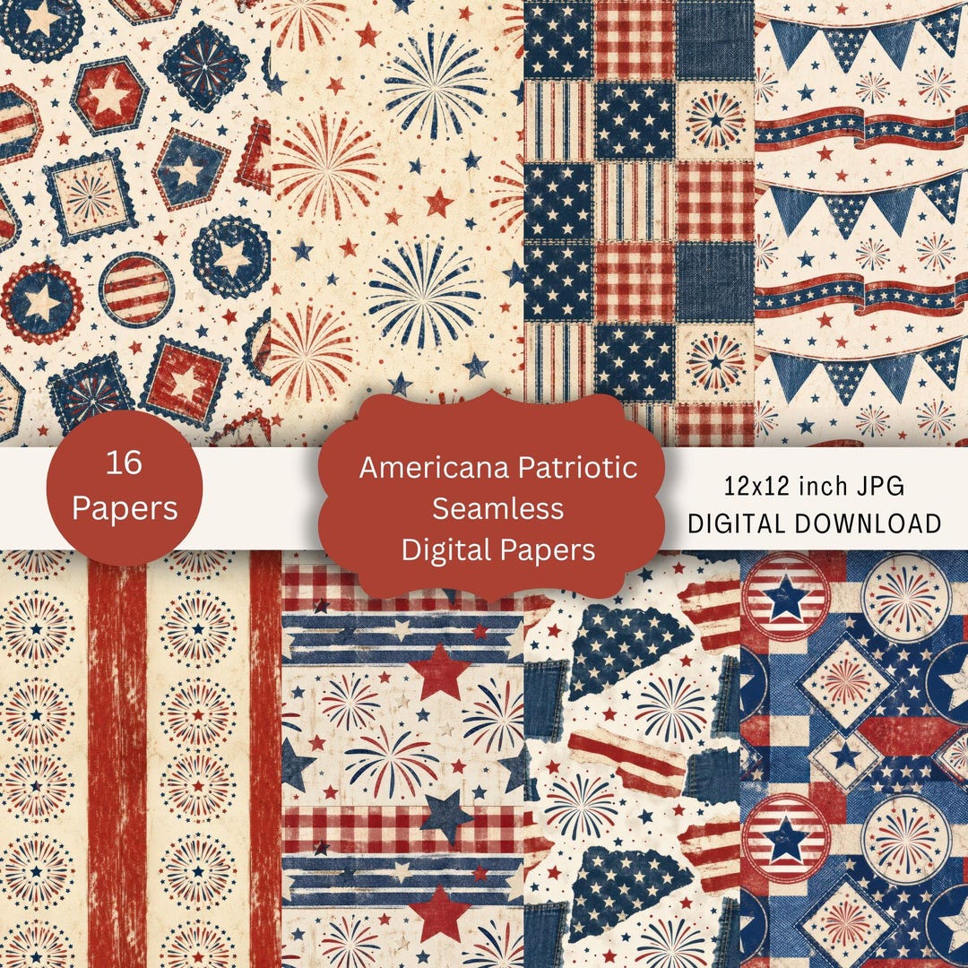 Patriotic Americana Digital Paper Pack, 250th Anniversary Seamless ...