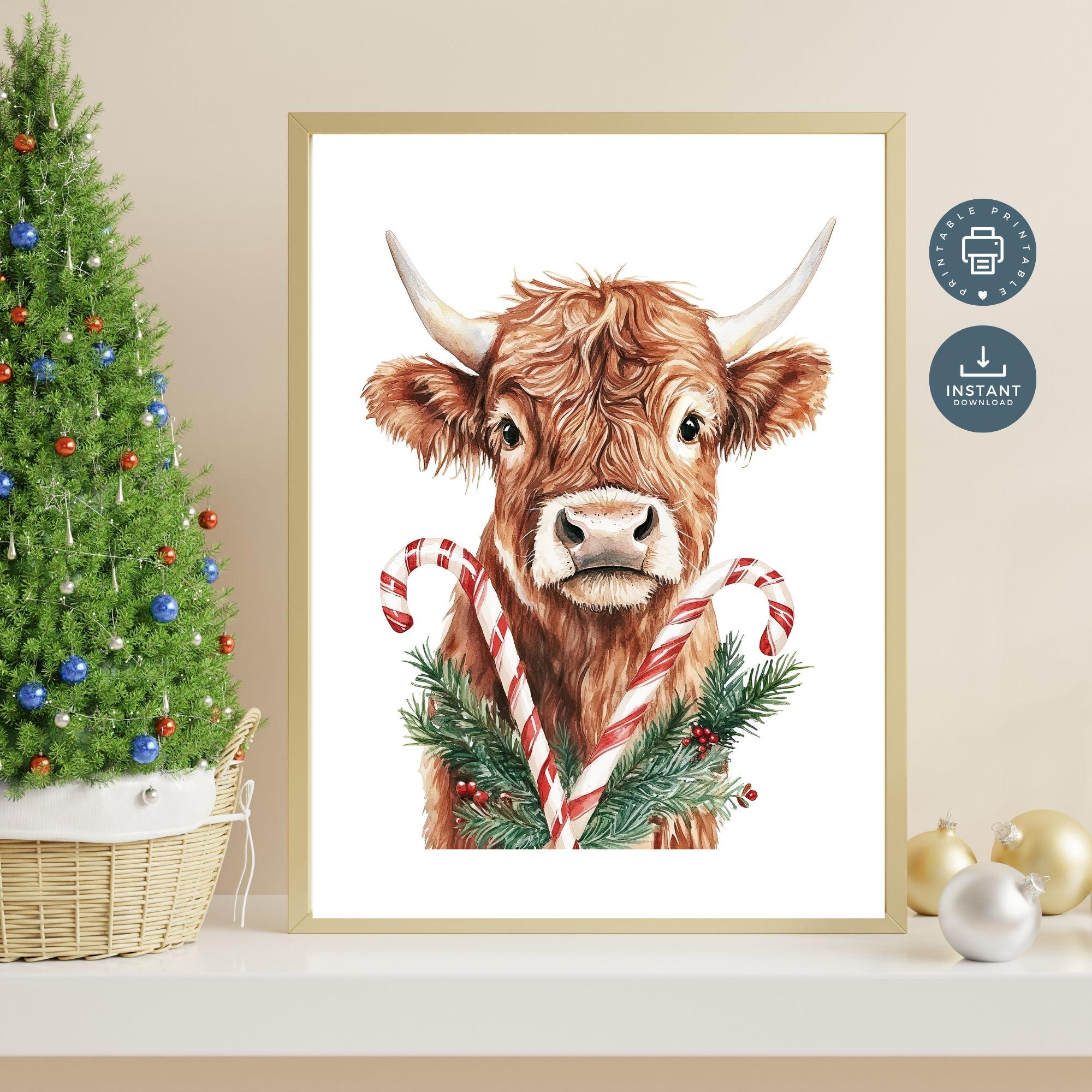 Christmas Highland Cow Wall Art, Candy Canes Pine Holiday Winter ...