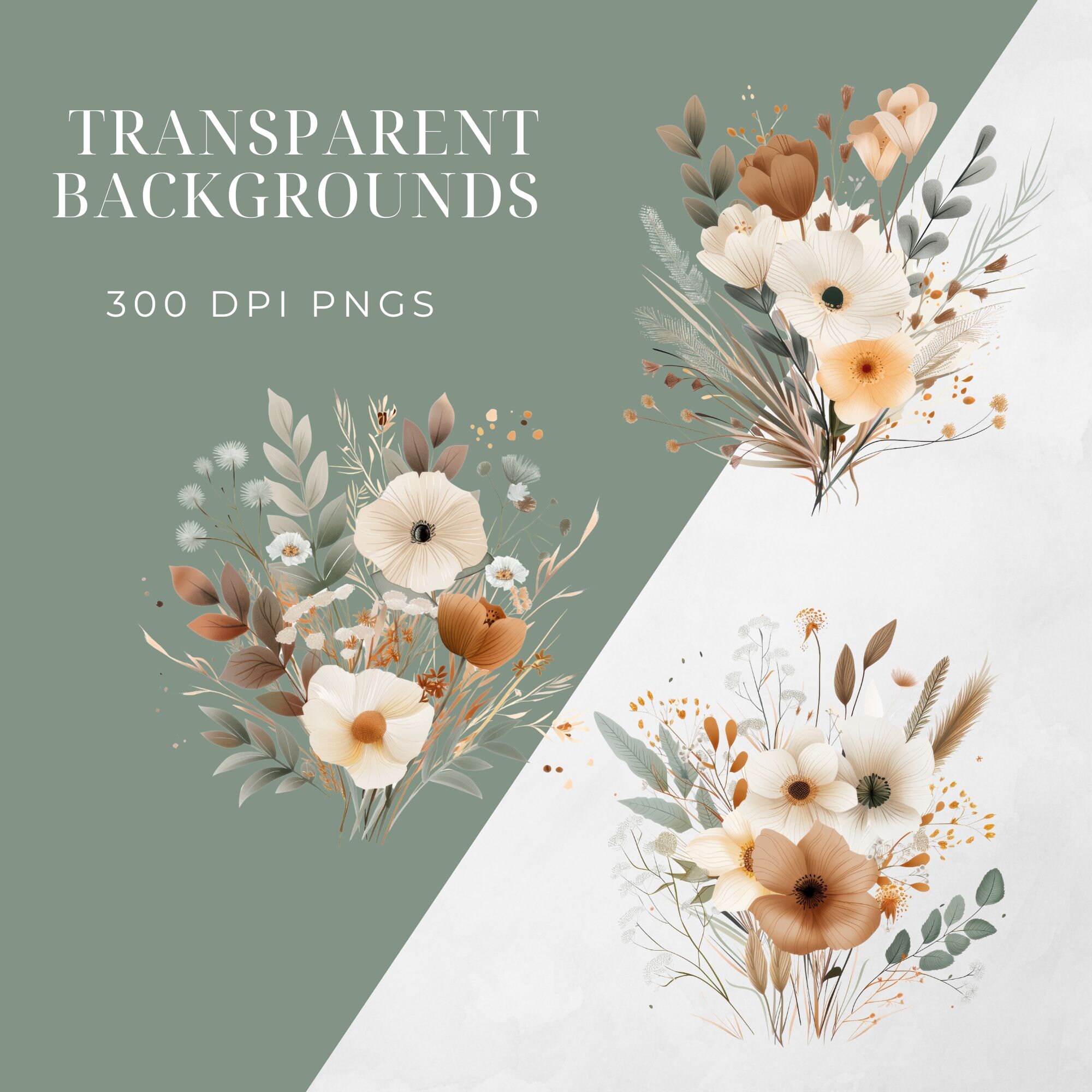 Brown Beige Terracotta Boho Floral Clip Art Bundle Pack, 17 Transparent ...