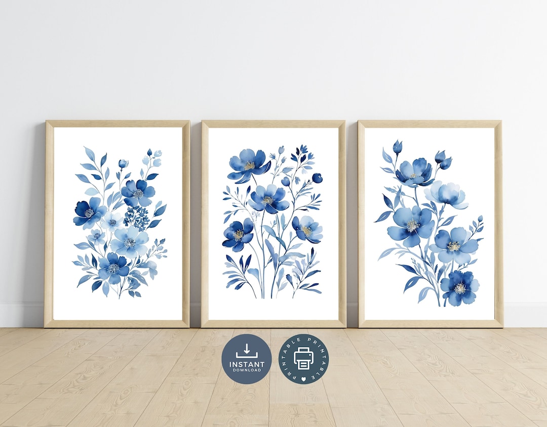 French Blue Watercolor Floral Print Set: Minimalist Botanical Wall Art ...