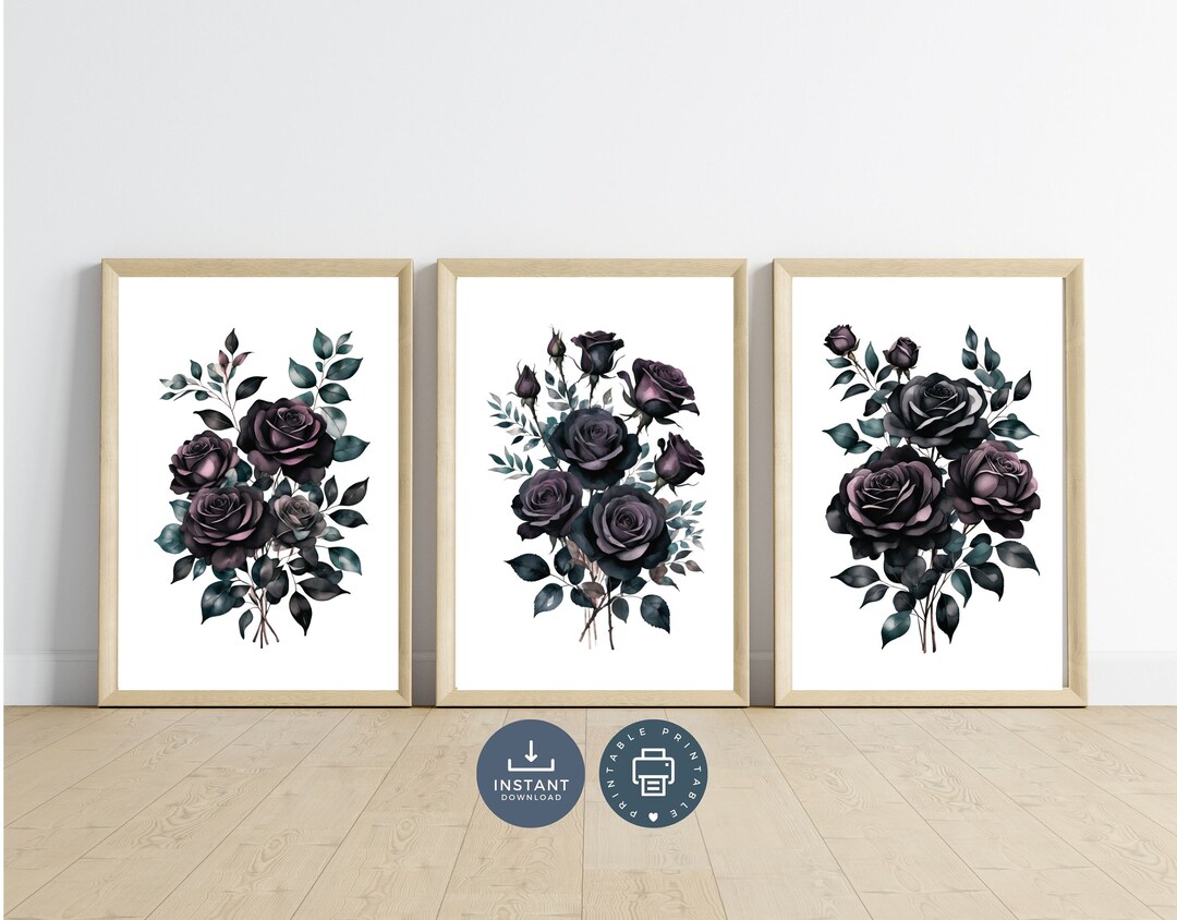 Dark Moody Purple Black Roses Floral Wall Art, Set of 3 Prints, Digital ...