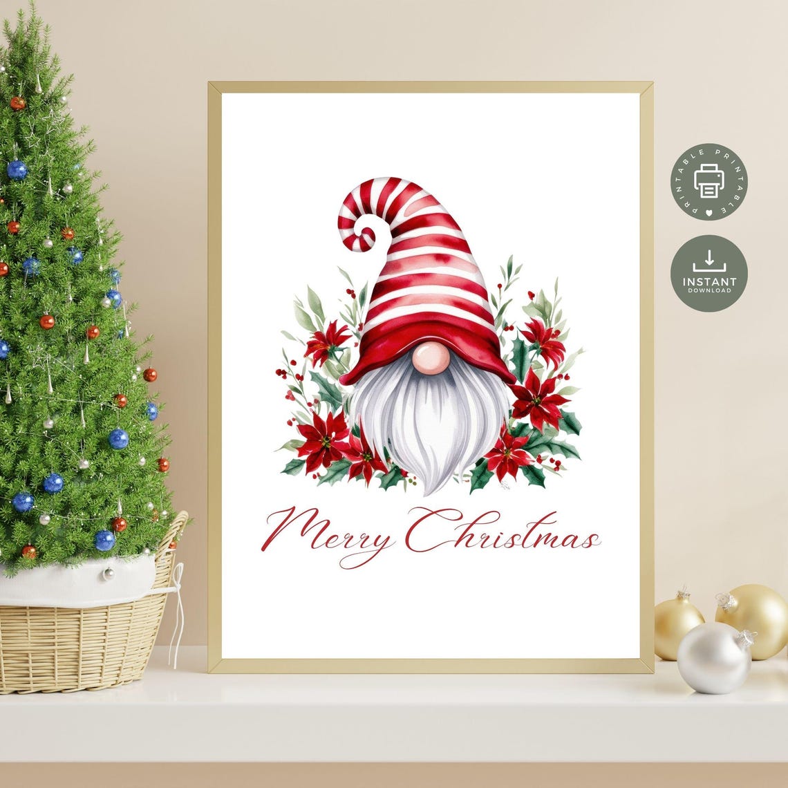 Christmas Gnome Print: Red Poinsettia Holiday Wall Art (digital ...