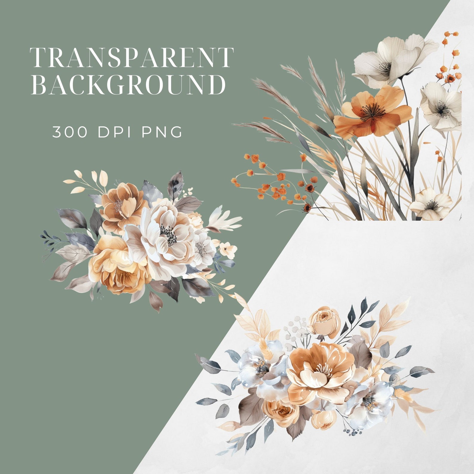 Brown Beige Terracotta Boho Floral Clip Art Bundle Pack, 17 Transparent ...