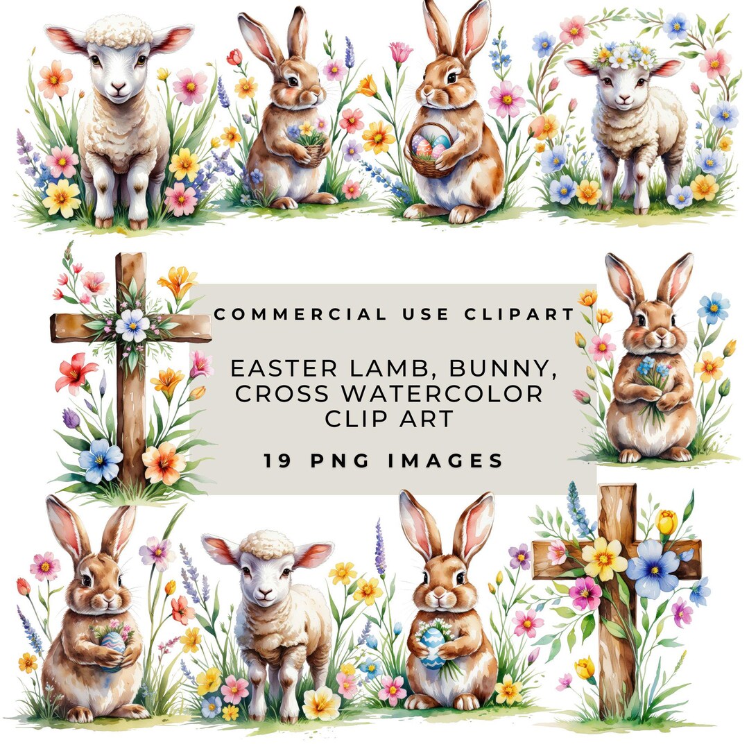 Easter Clip Art Bundle Pack, Lambs, Bunnies Eggs Baskets, Watercolor ...
