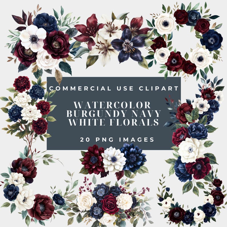 Burgundy Navy Blue White Floral Flowers Clip Art Pack Bundle ...