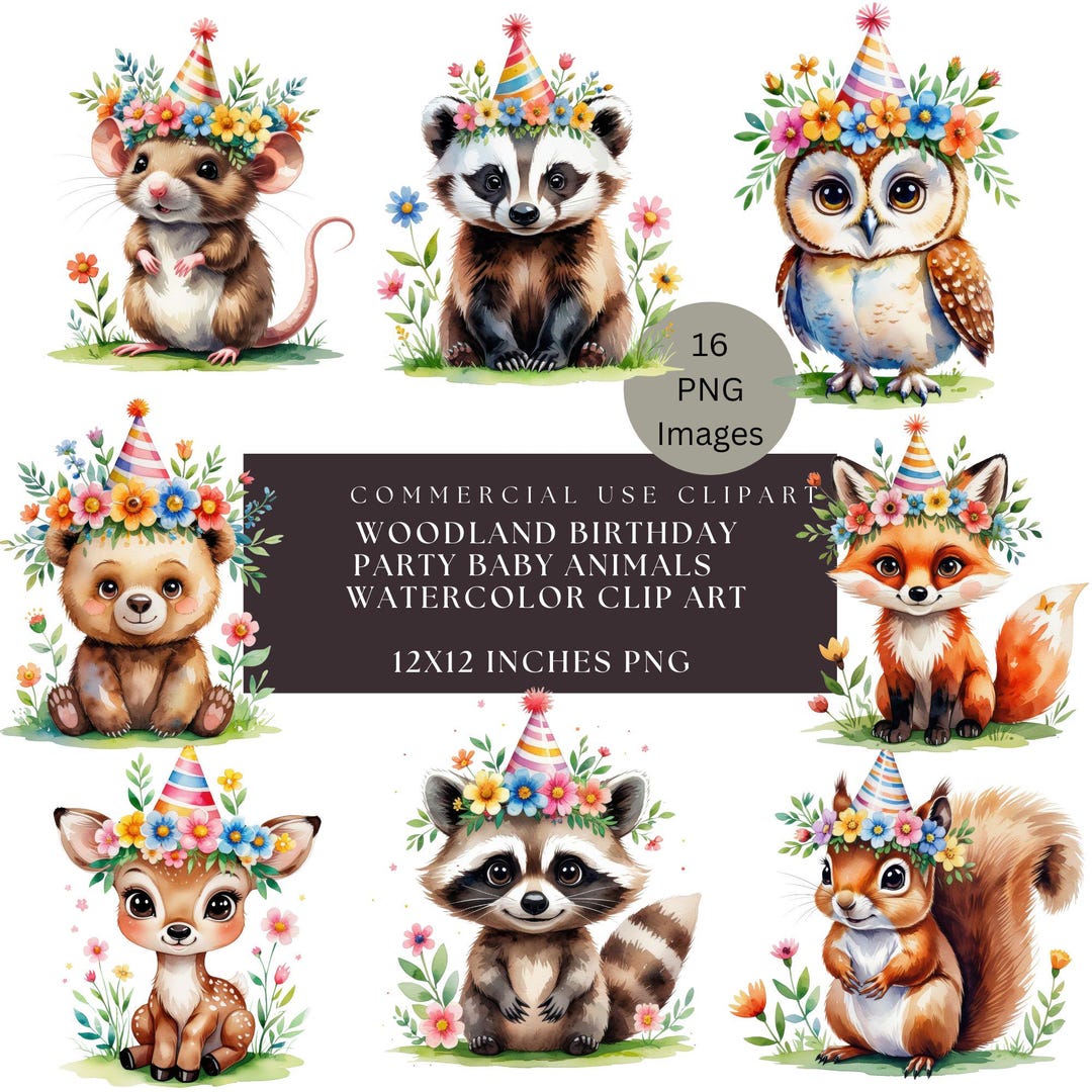 Woodland Animals Birthday Clipart: Watercolor Florals (digital Download ...