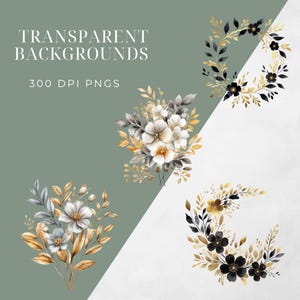 Gold Black Silver Floral Clip Art Pack Bundle, Elegant Watercolor ...