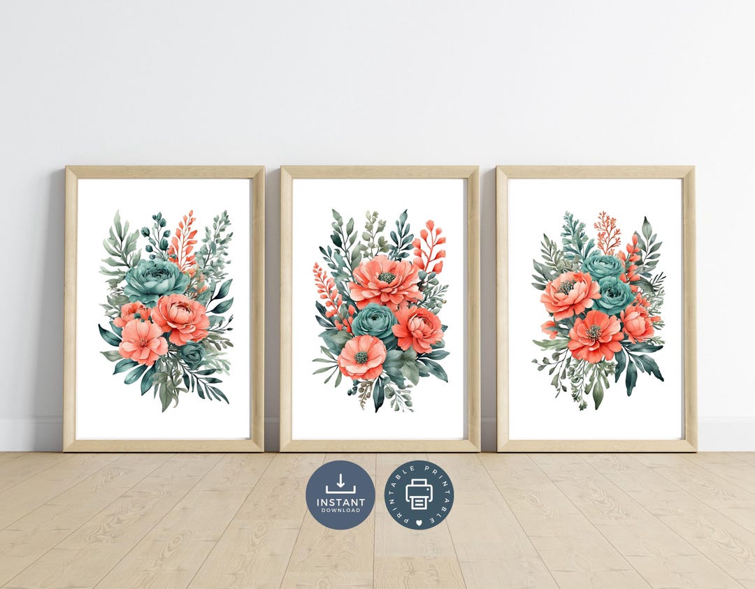 Coral and Teal Floral Wall Art, Set of 3 Prints, Digital Printable ...