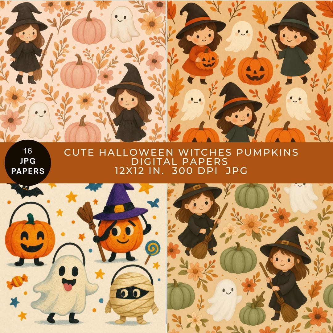 Halloween Digital Paper Pack: Witches, Pumpkins, Scrapbook Pages (JPG ...