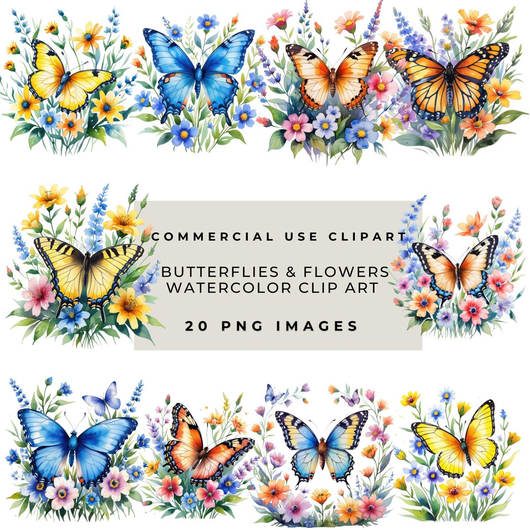 Butterflies Flowers Clip Art Pack Bundle, Watercolor Florals ...