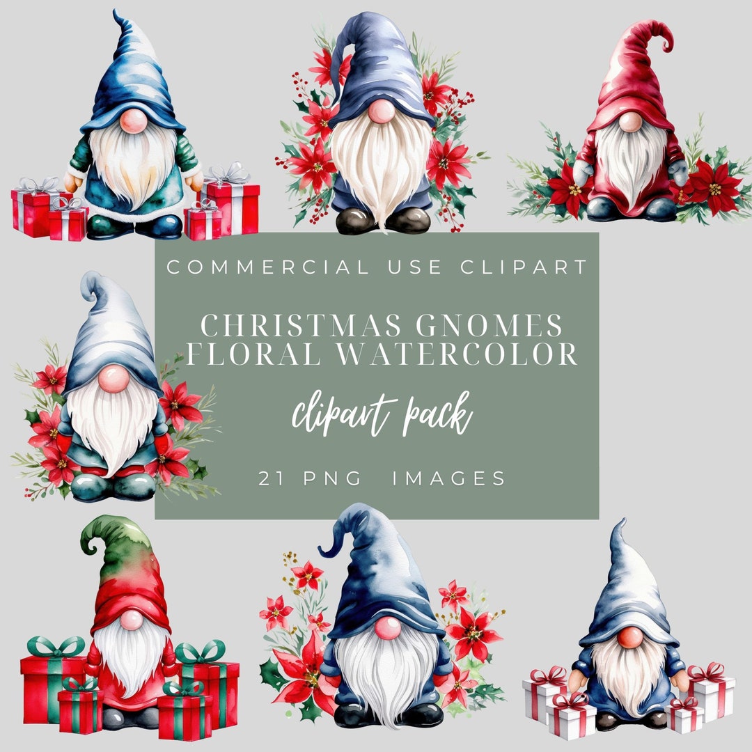 Watercolor Christmas Gnomes Clip Art: Poinsettia & Presents (PNG ...