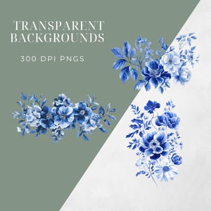 Blue Floral Chinoiserie Toile Clip Art Bundle Pack of 18 Transparent ...