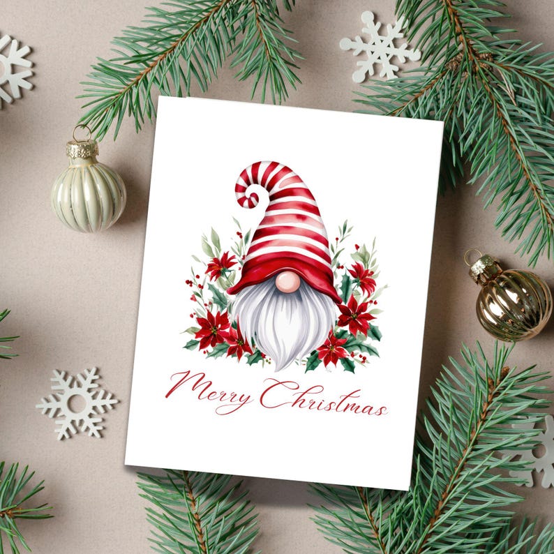 Christmas Gnome Print: Red Poinsettia Holiday Wall Art (digital ...