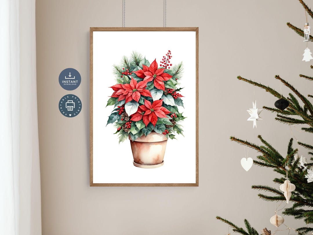 Christmas Poinsettia Plant Wall Art, Digital Printable Instant Download ...