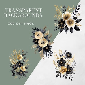 Gold Black Silver Floral Clip Art Pack Bundle, Elegant Watercolor ...