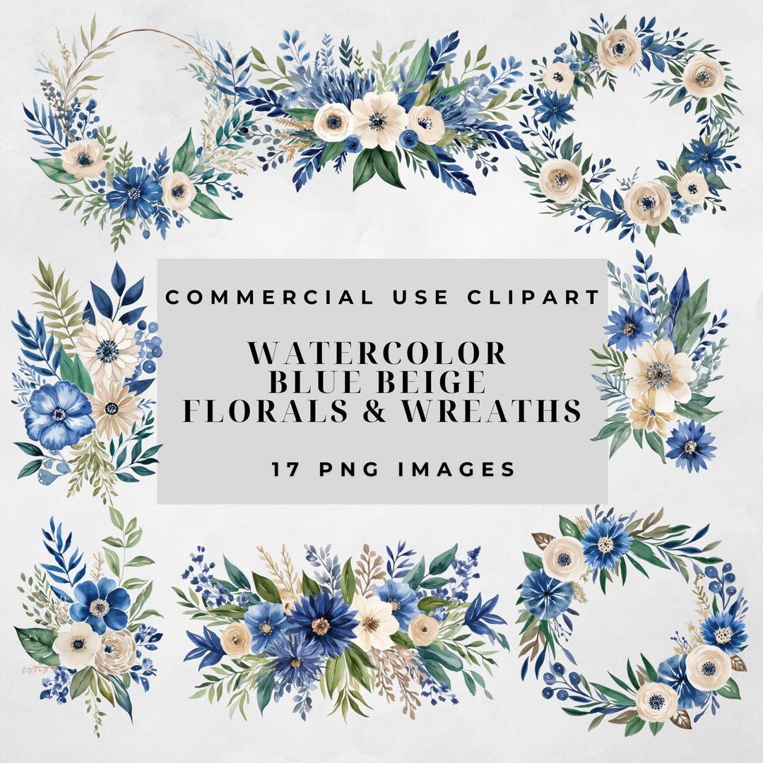 Boho Blue Floral Clip Art: Watercolor Flower Bouquets, Wreaths (17 PNG ...