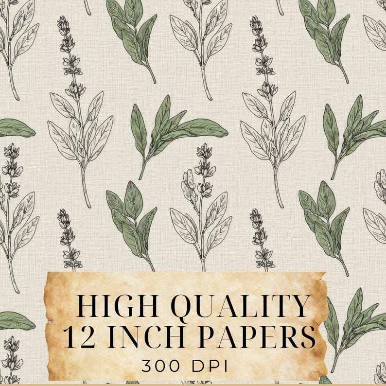 Sage Green Botanical Paper Pack: 12x12 Seamless Scrapbook Junk Journal ...