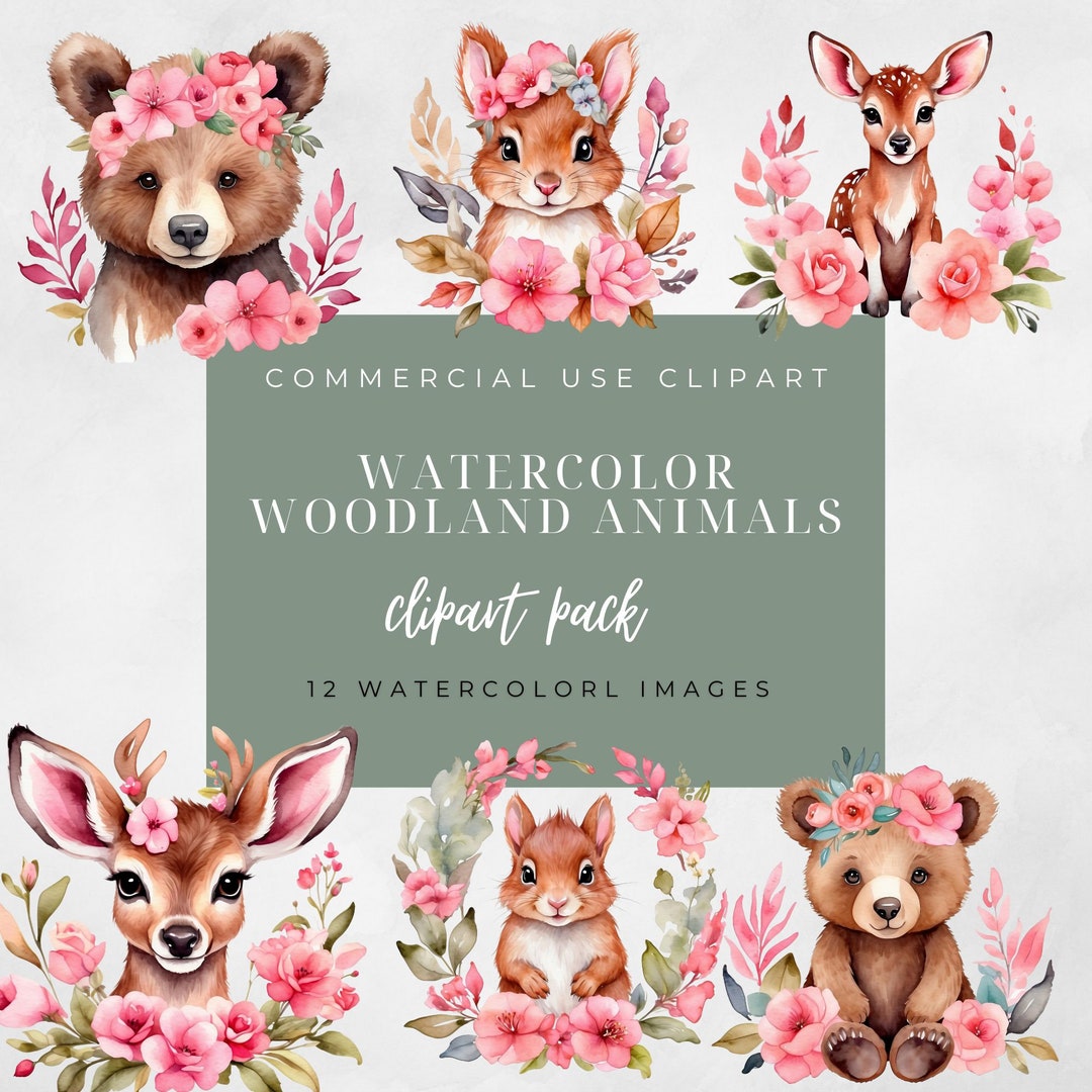Woodland Animals Watercolor Pink Florals Clip Art Bundle Pack, Bear ...