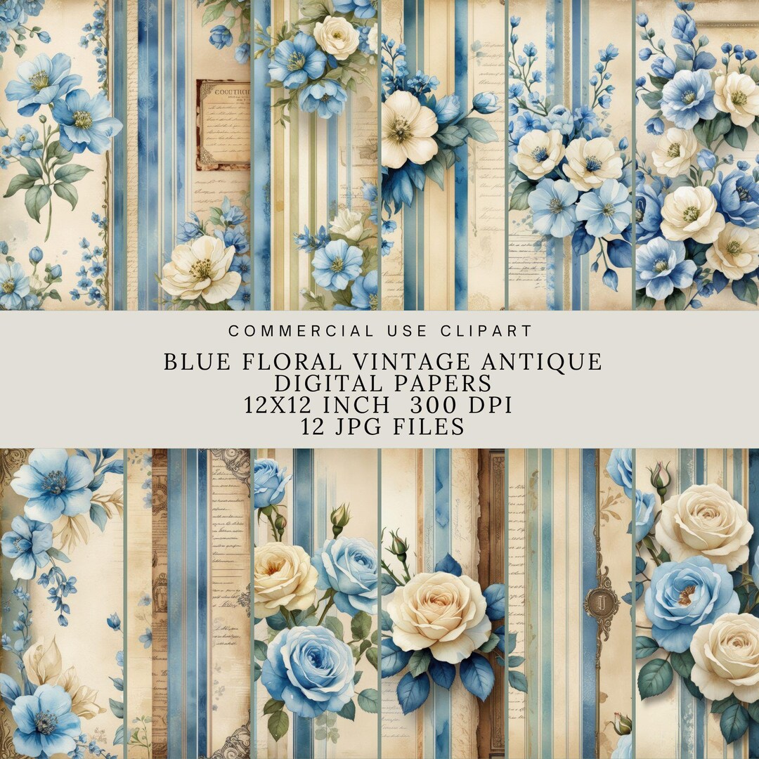 Blue Floral Vintage Digital Paper Pack: Roses, Scrapbook, Collage ...