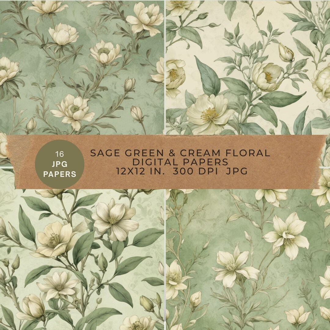 Sage Green Floral Watercolor Digital Paper: Scrapbook, Collage (17 Jpgs ...