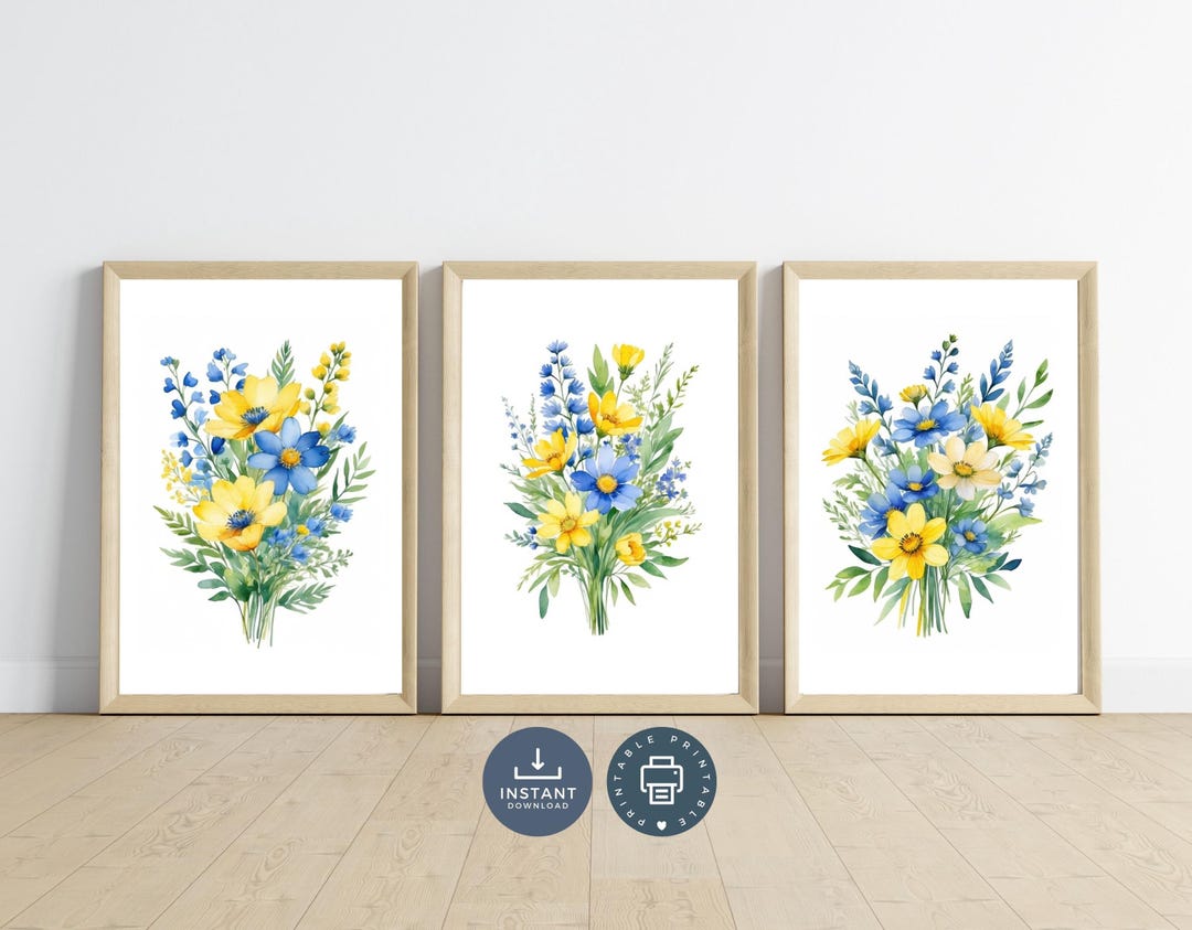 Blue Yellow Wildflower Bouquet Art Prints Watercolor Floral Set