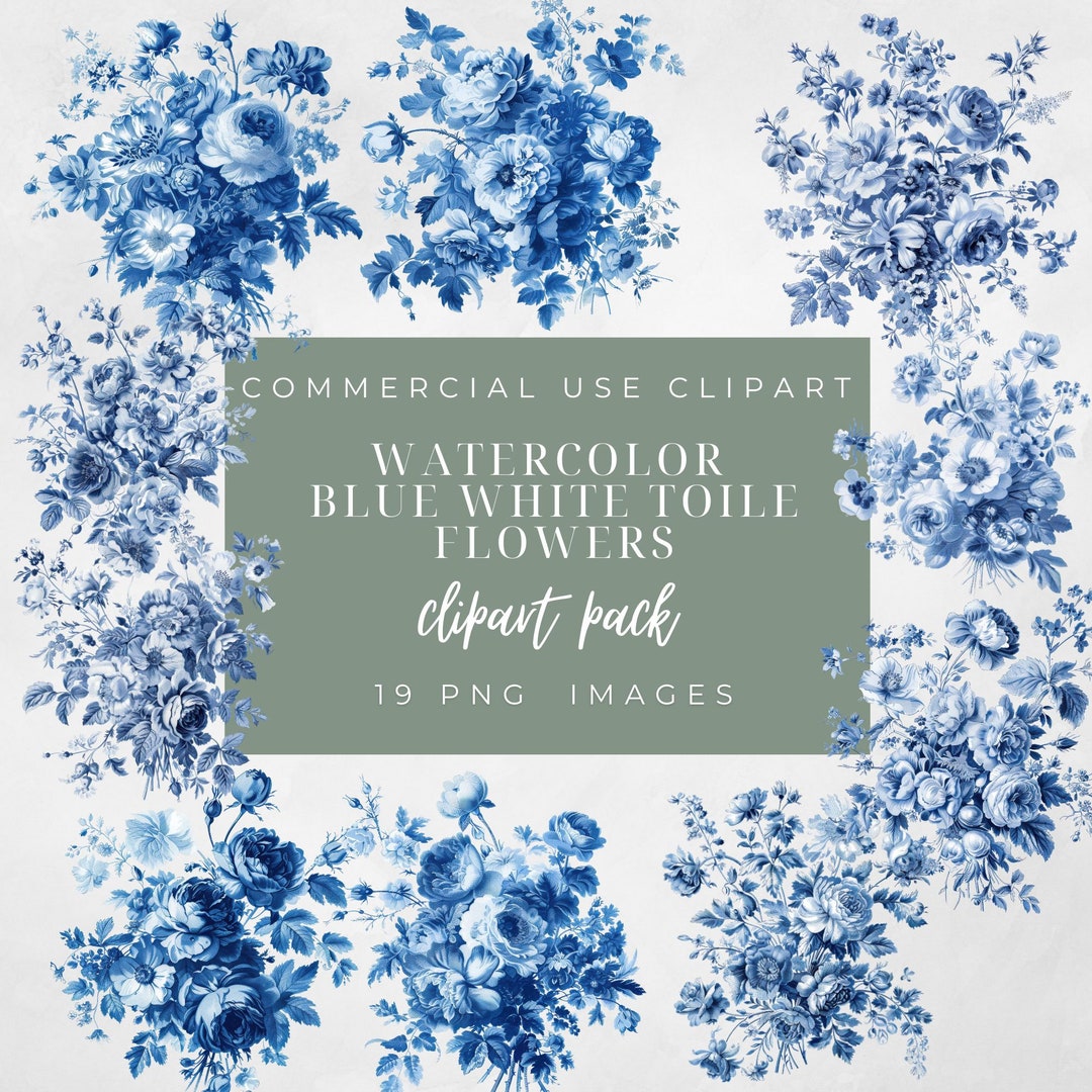 Blue Floral Toile Clip Art Bundle Pack, 20 Transparent PNG, Commercial ...