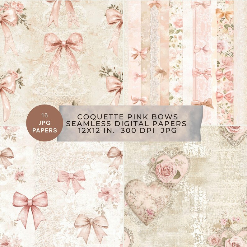 Pink Bow Coquette Vintage Digital Paper Pack: Seamless Floral (JPG) - Etsy