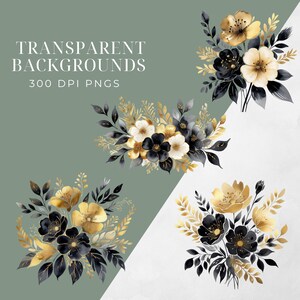 Gold Black Silver Floral Clip Art Pack Bundle, Elegant Watercolor ...